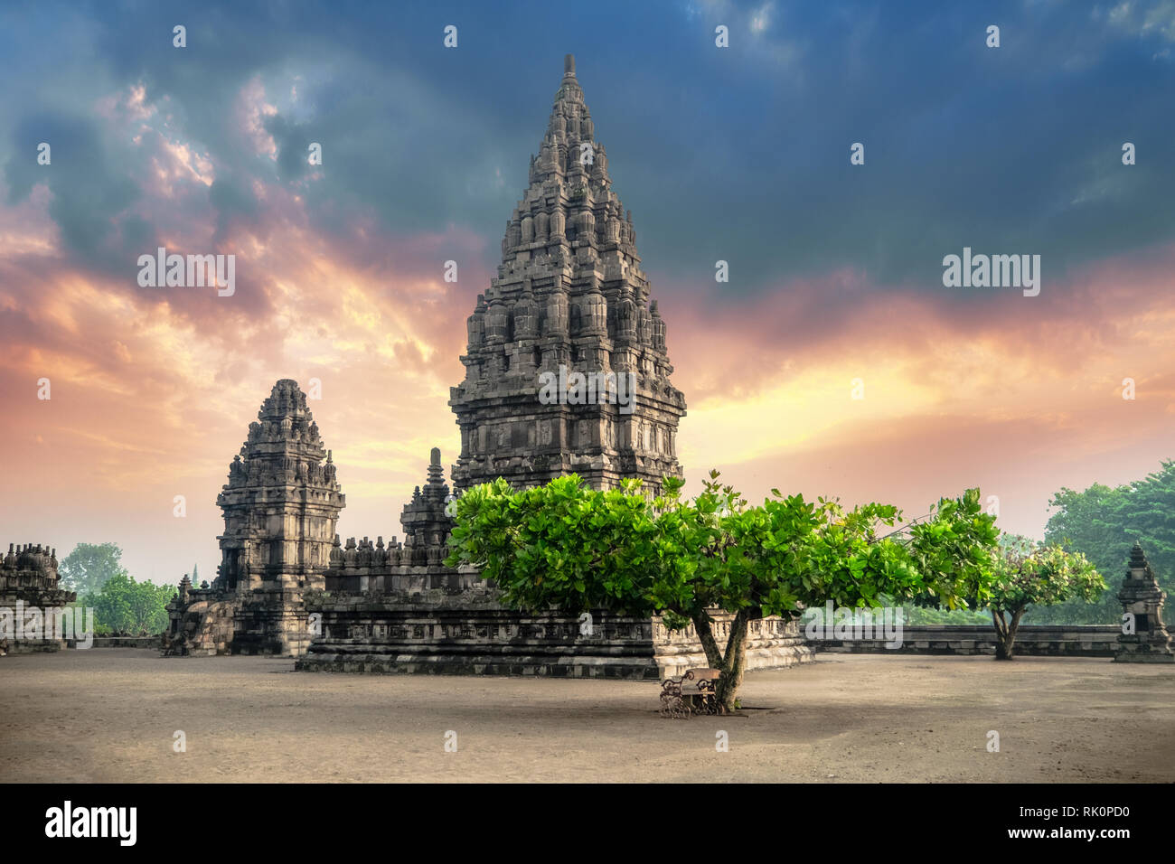 Amazing view of Prambanan Temple against sunrise sky. Great Hindu ...