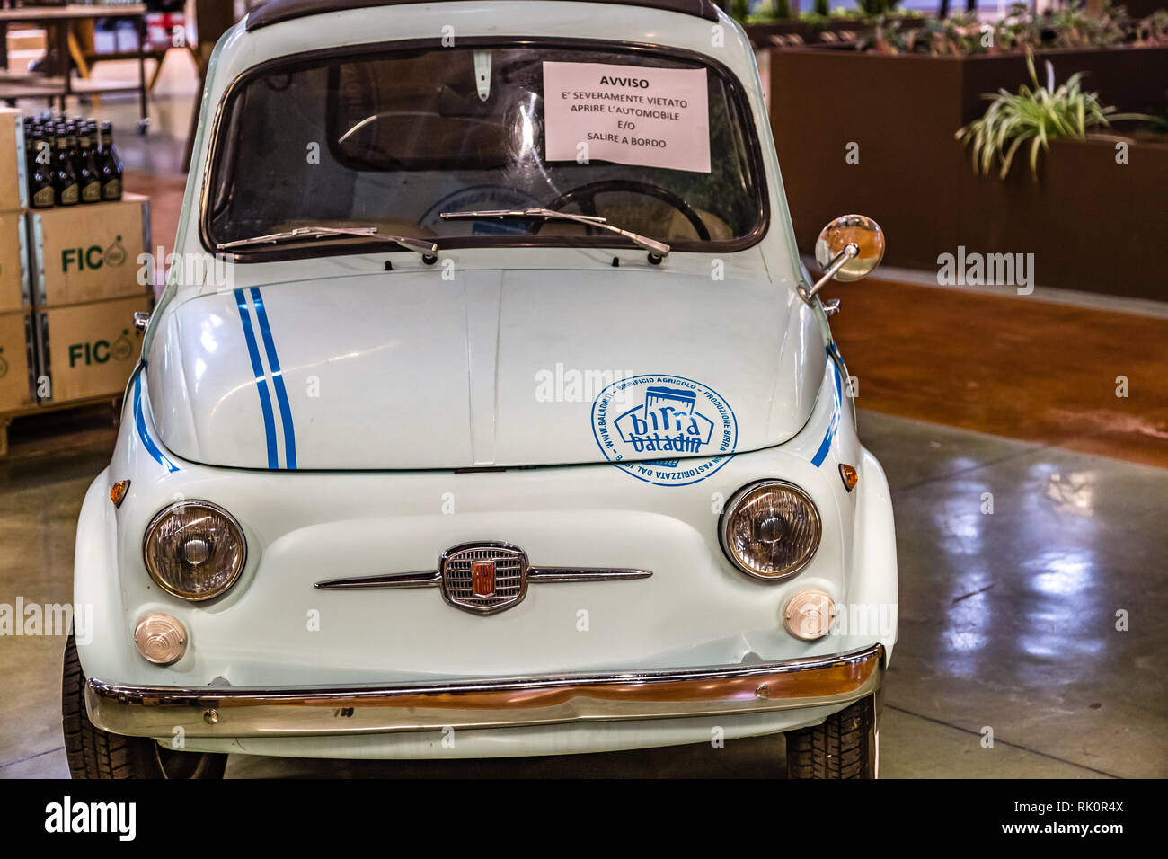 BOLOGNA, ITALY - DECEMBER 16, 2018: lights are enlightening Fiat 500 ...