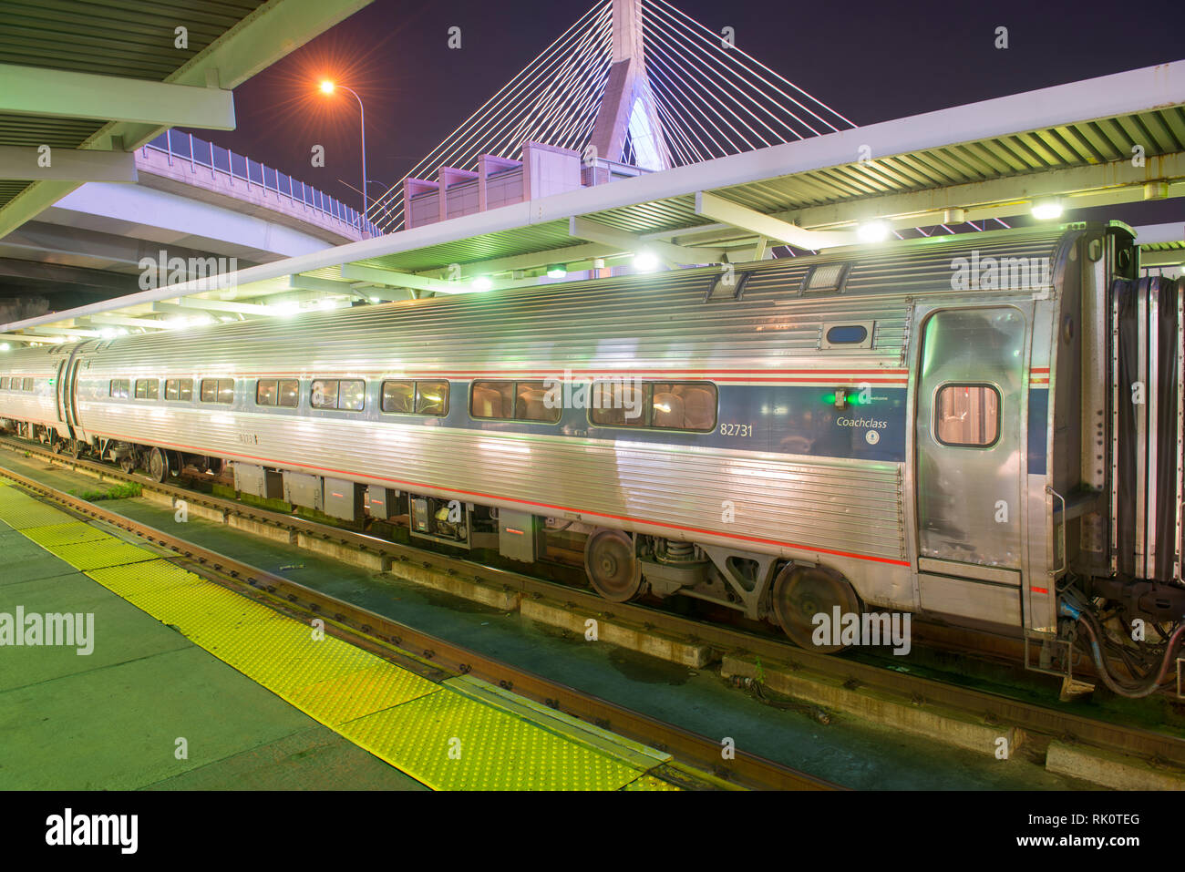 Amtrak Amfleet I coach class at night in North Station, Boston ...