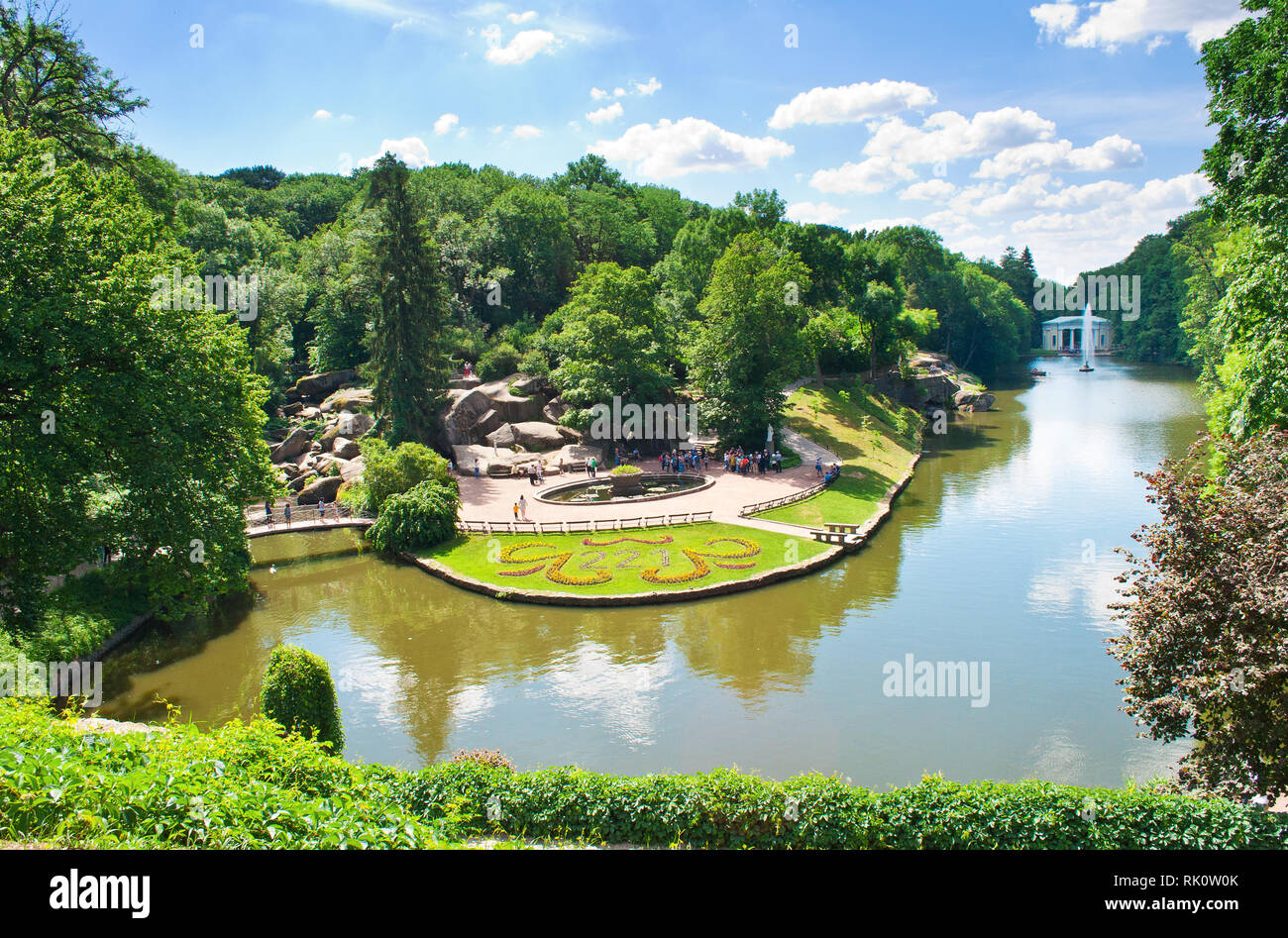 Landscape of Sofiyivka park in Uman, Ukraine with a flowerbed, lake ...