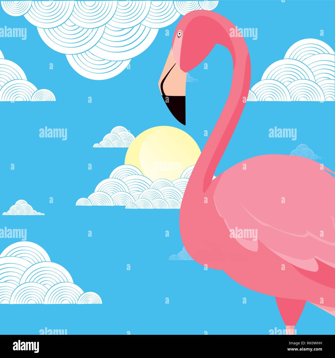 cute flamingo bird sky clouds sun vector illustration Stock Vector ...