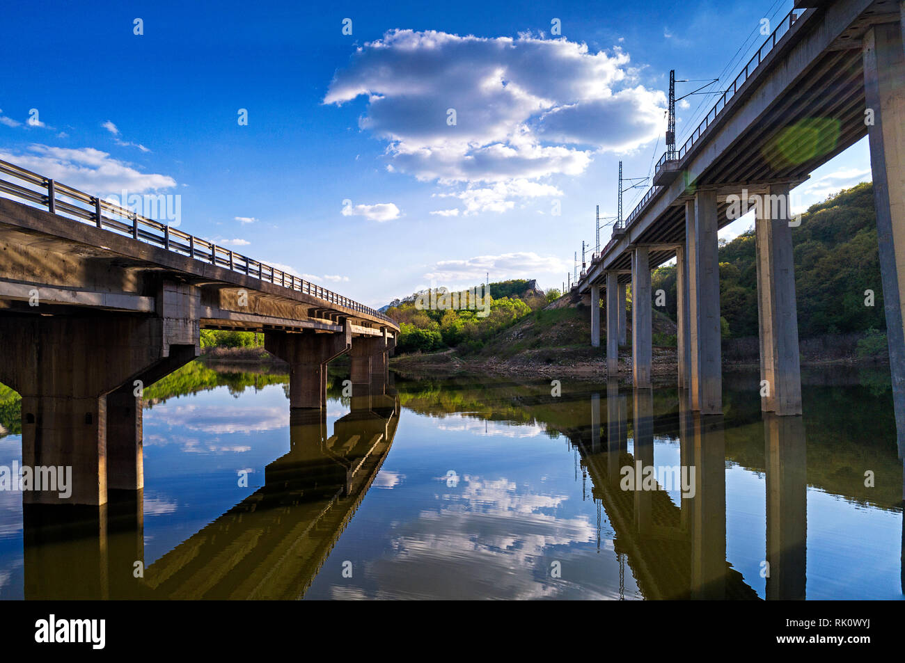 Aerial view of a bridge crossing the Tsonevo lake near Varna, Bulgaria ...