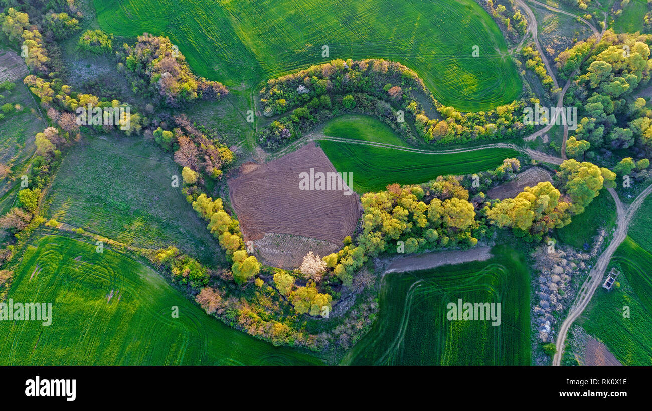 Beautiful aerial view from drone spring field with sunset sky nature ...