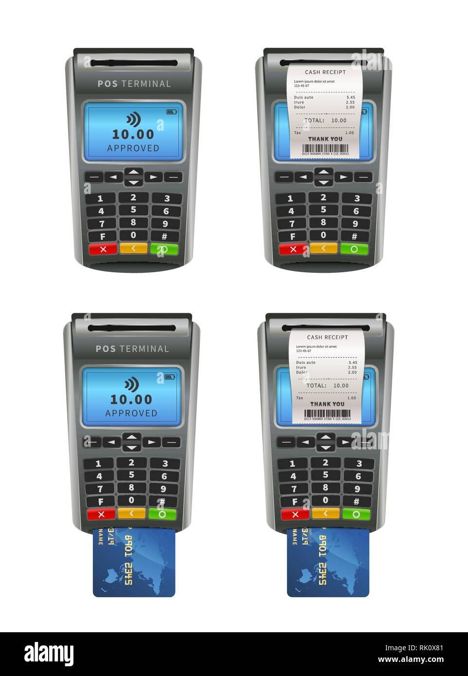 Set of realistic NFC POS terminals for payment by debit or credit card with shopping bill ...