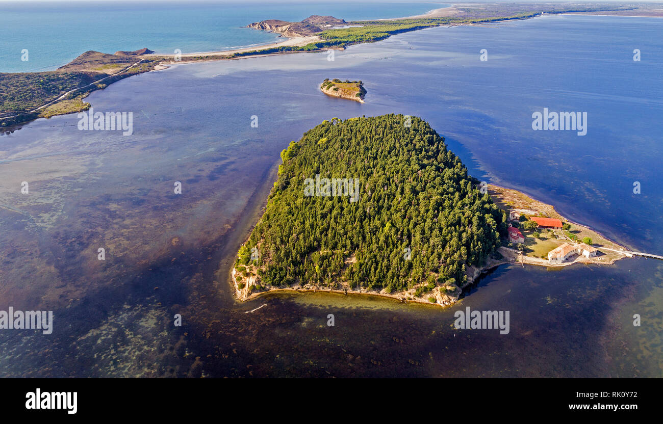 Drone aerial view on isolated Monastery of Saint Mary on Zvernec island ...