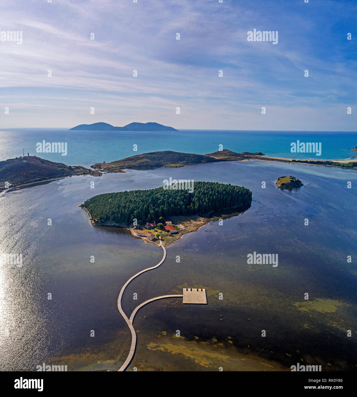 Drone aerial view on isolated Monastery of Saint Mary on Zvernec island ...