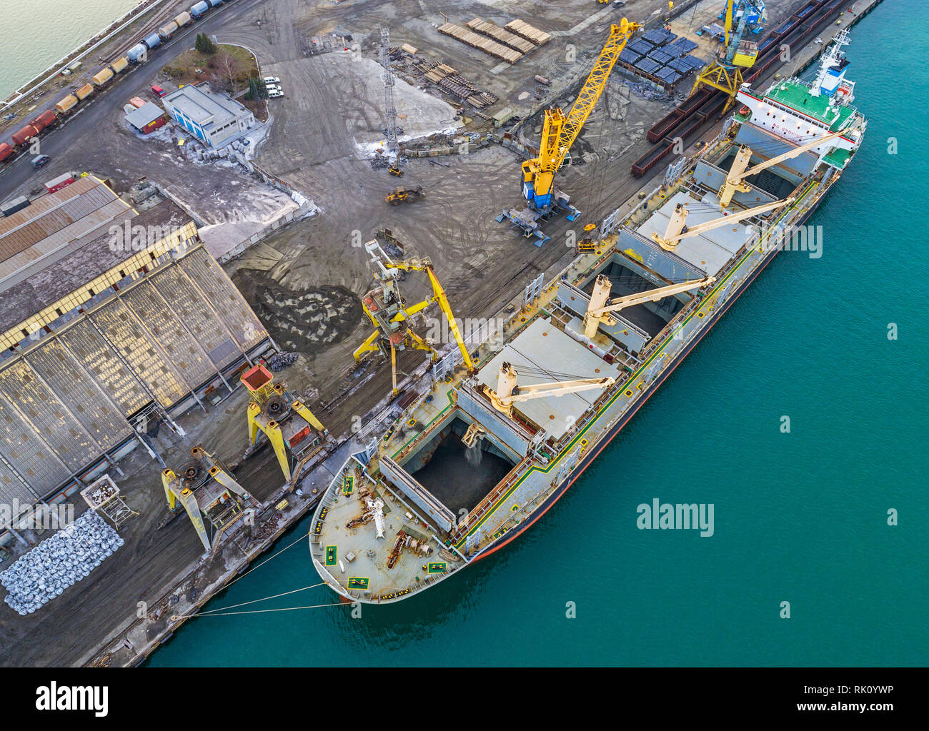 The Cargo Ship is in the Port Burgas at the Loading . Aerial View from ...