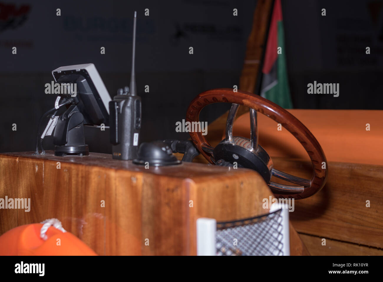 Water Boat Steering wheel, Radio and screen Stock Photo - Alamy