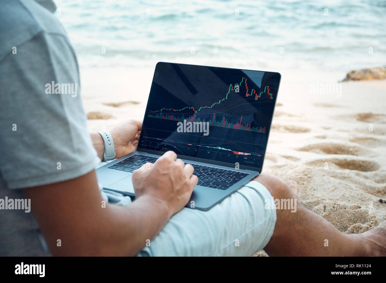 Freelancer Work by Laptop on Tropical Beach. Young Man use Computer ...