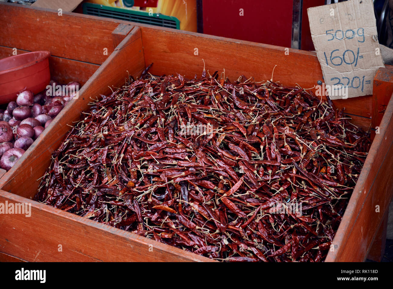 Dry Red Chilli Pepper Pile Sale in Market Box Stock Photo - Alamy