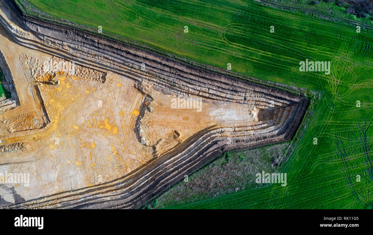Panoramic view of sand quarry, mining of yellow construction sand ...