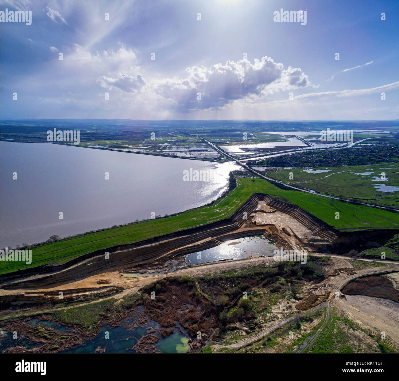 Panoramic view of sand quarry, mining of yellow construction sand ...