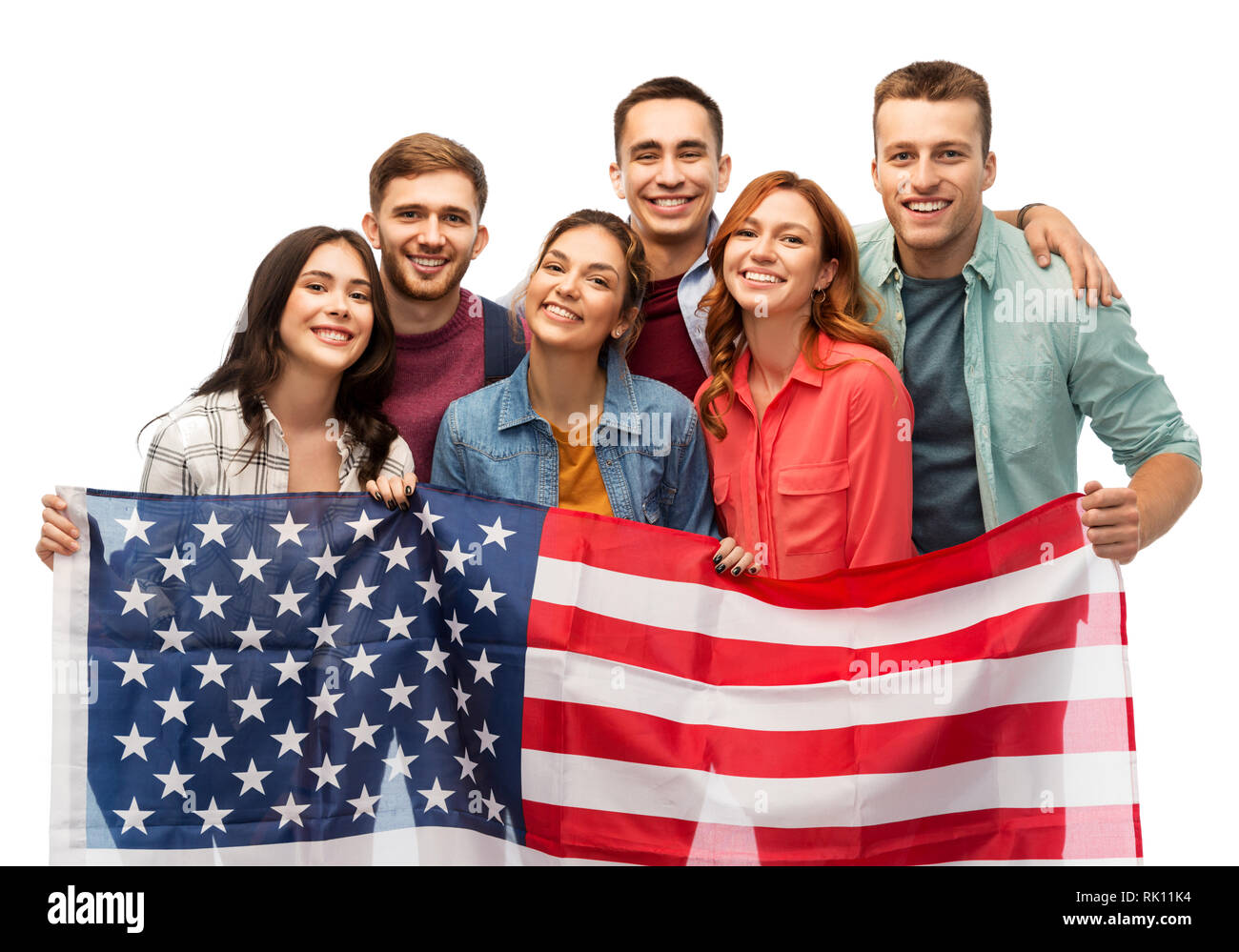 group of smiling friends with american flag Stock Photo - Alamy
