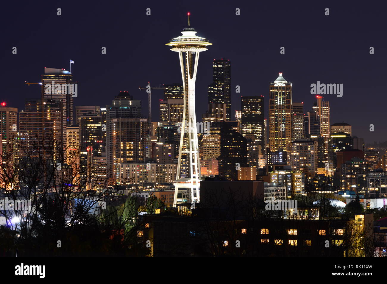View of illuminated cityscape with space needle hi-res stock ...