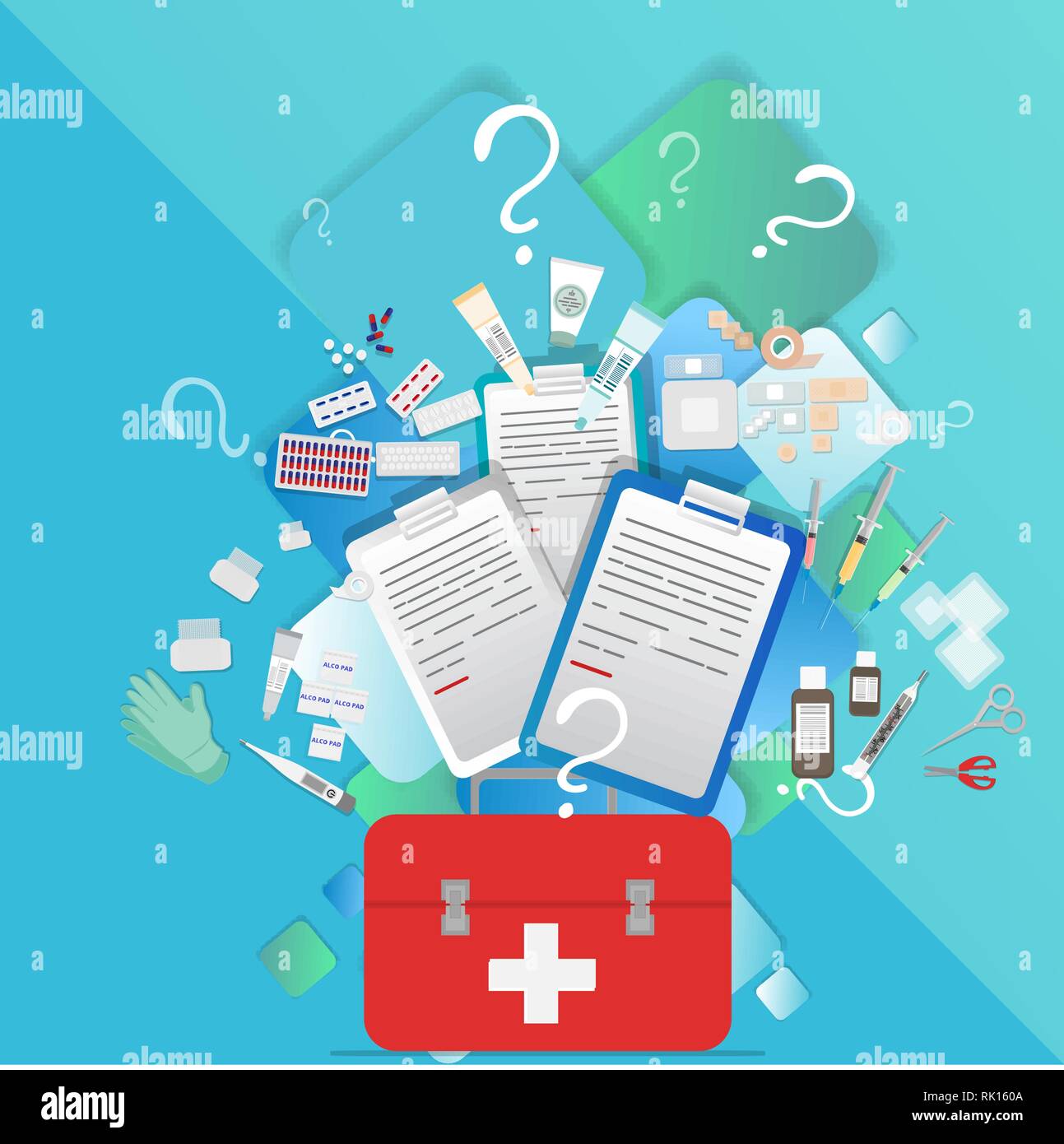 Medical doctor or nurse kit laboratory equipment on light blue ...