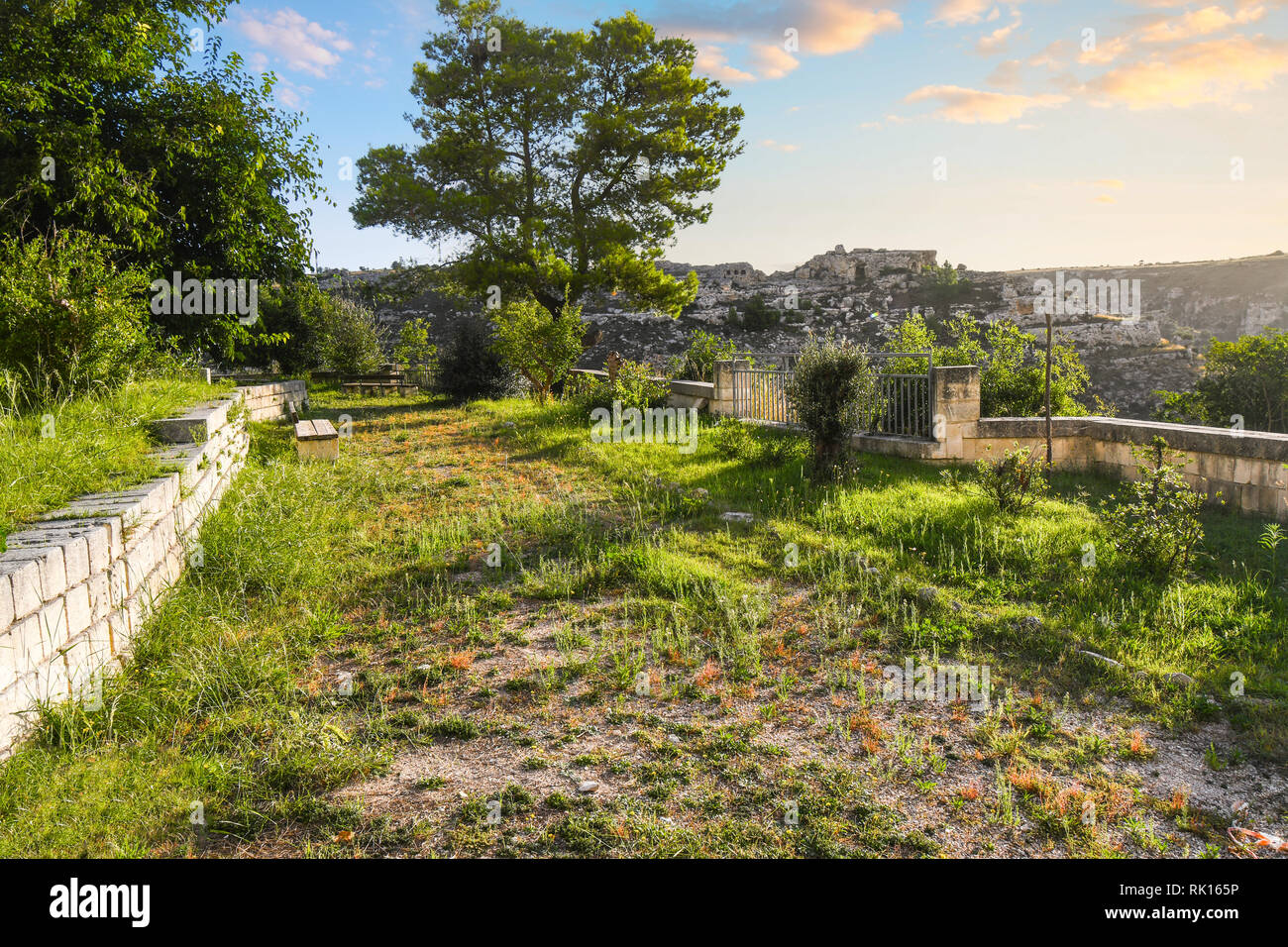 An ancient, overgrown terrace garden overlooking the Gravina canyon and ...