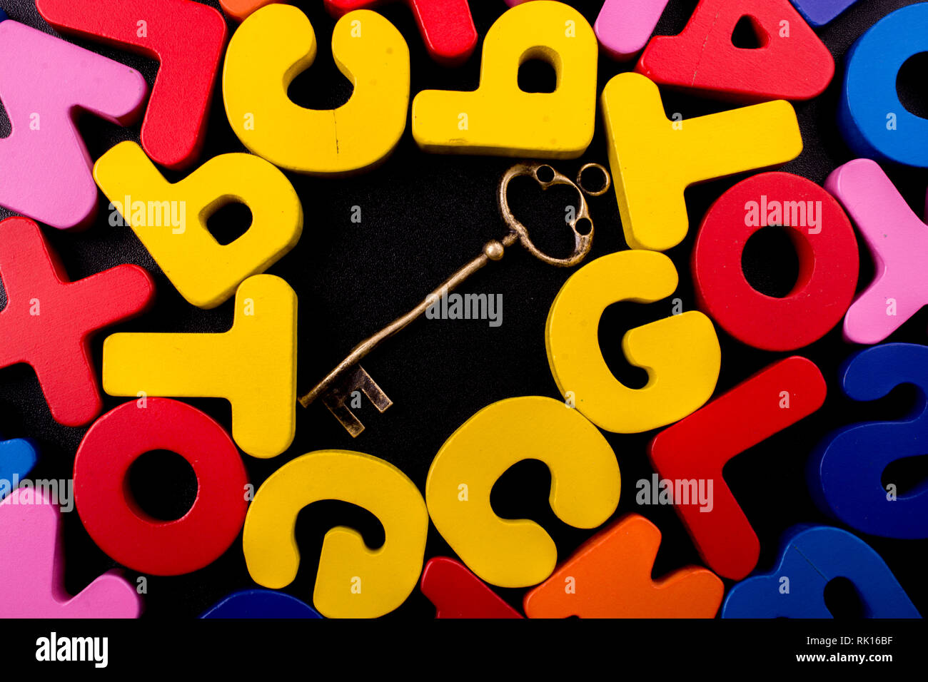 Retro key and Colorful Letters of Alphabet made of wood Stock Photo - Alamy