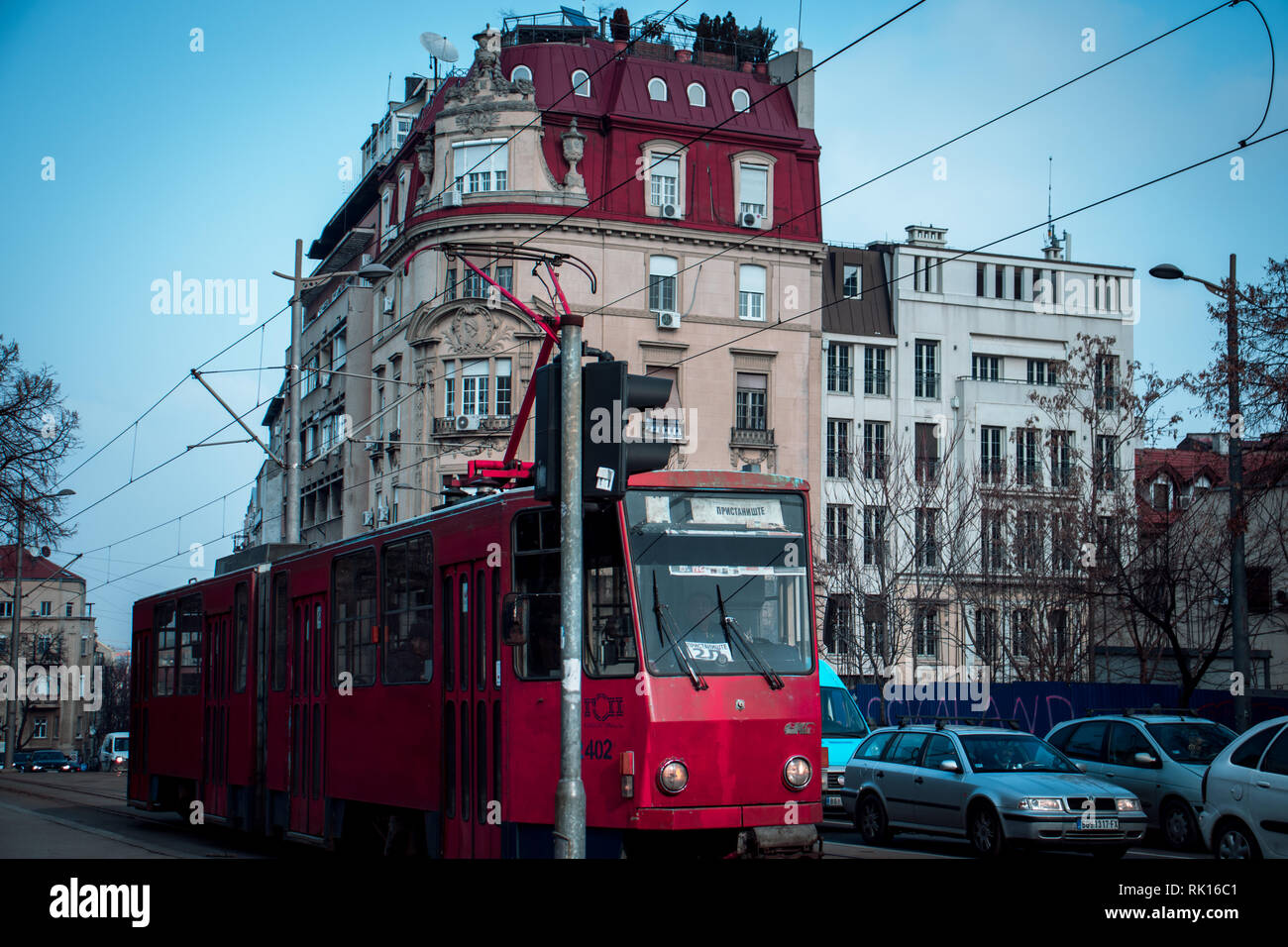 Architecture city with a old tram Stock Photo - Alamy