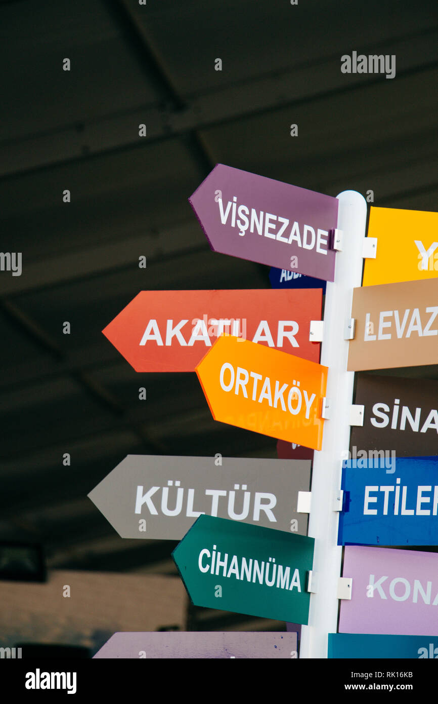 Colorful direction signs in Istanbul city, Turkey, in display Stock ...