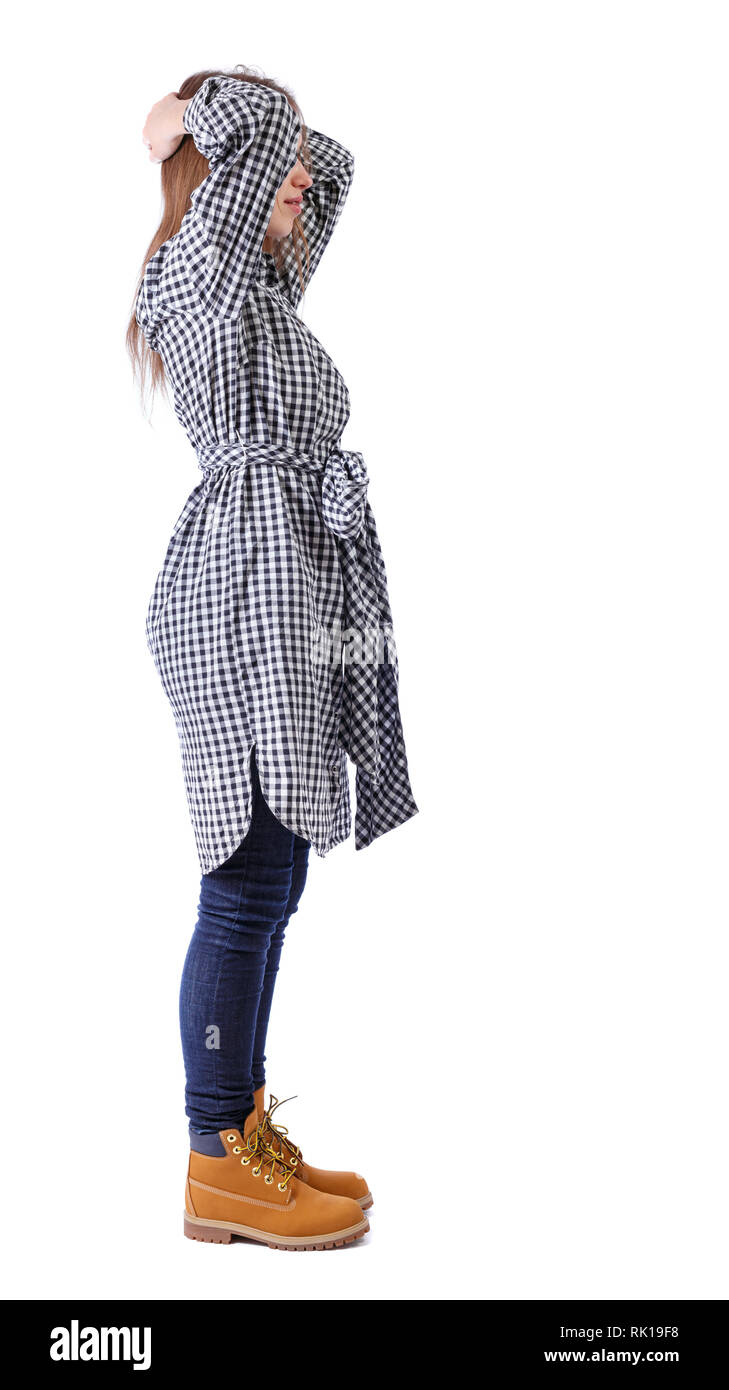 Side view of shocked woman. Rear view people collection. backside view ...