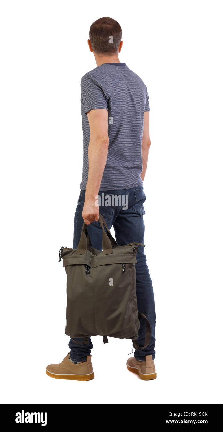 Back view of a man with a green bag. backside view of person. Rear view ...