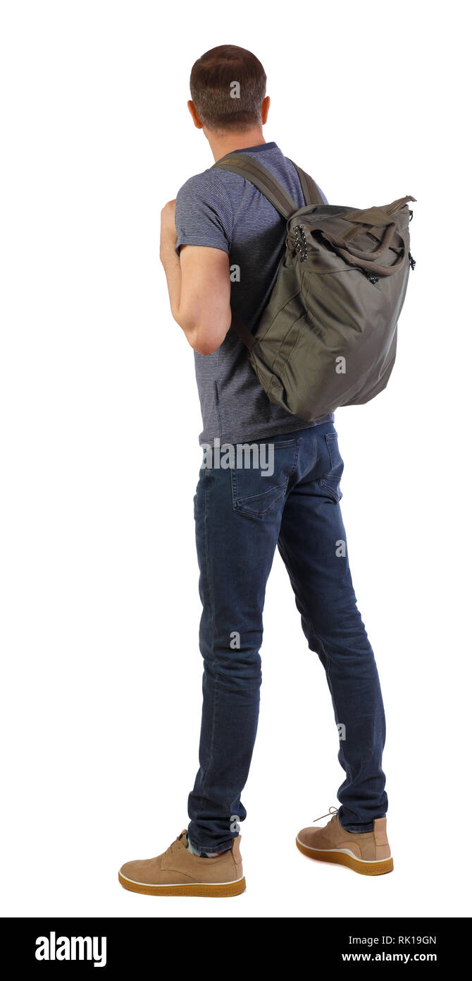 Back view of a man with a green bag. backside view of person. Rear view ...