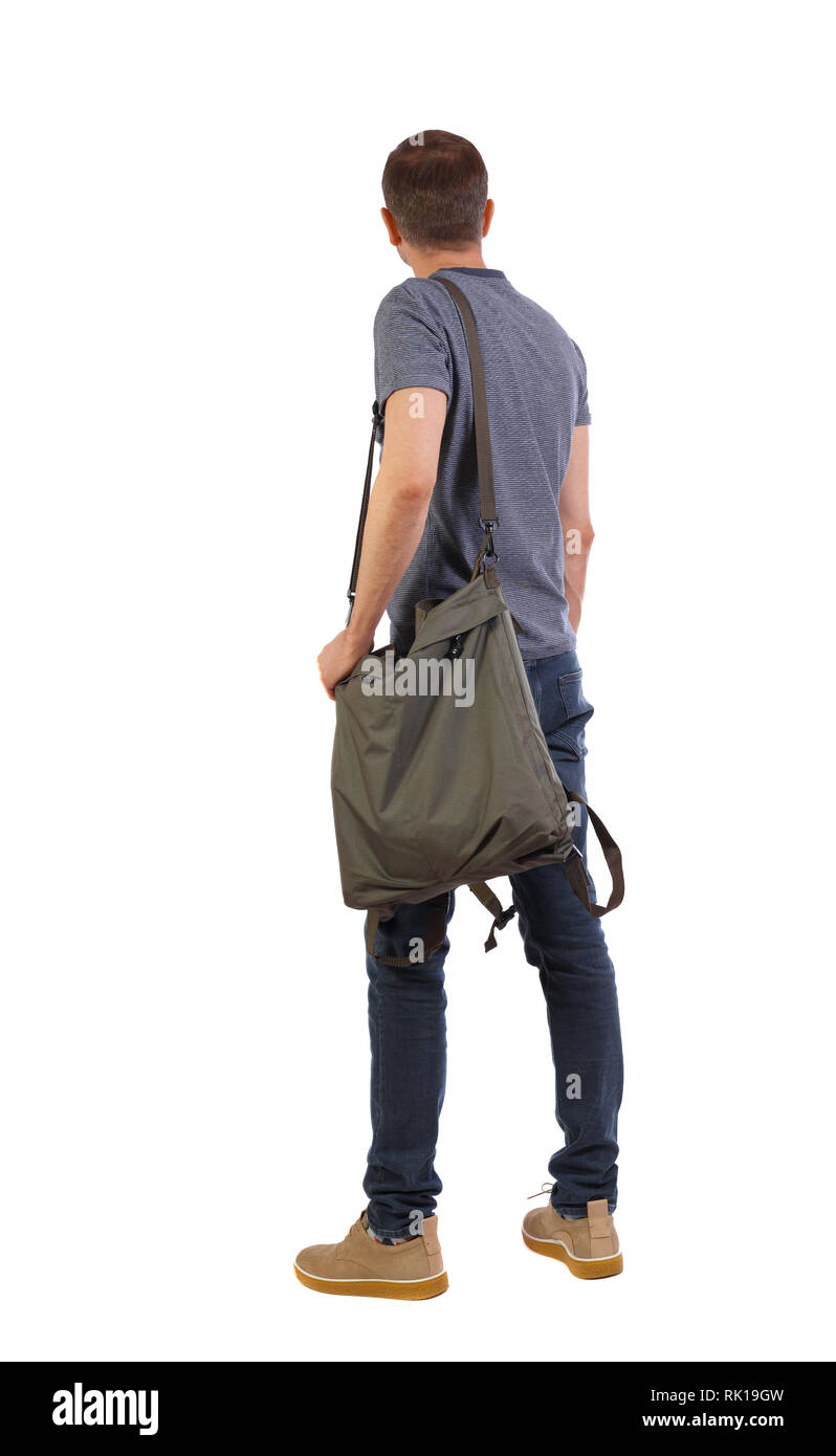Back view of a man with a green bag. backside view of person. Rear view ...
