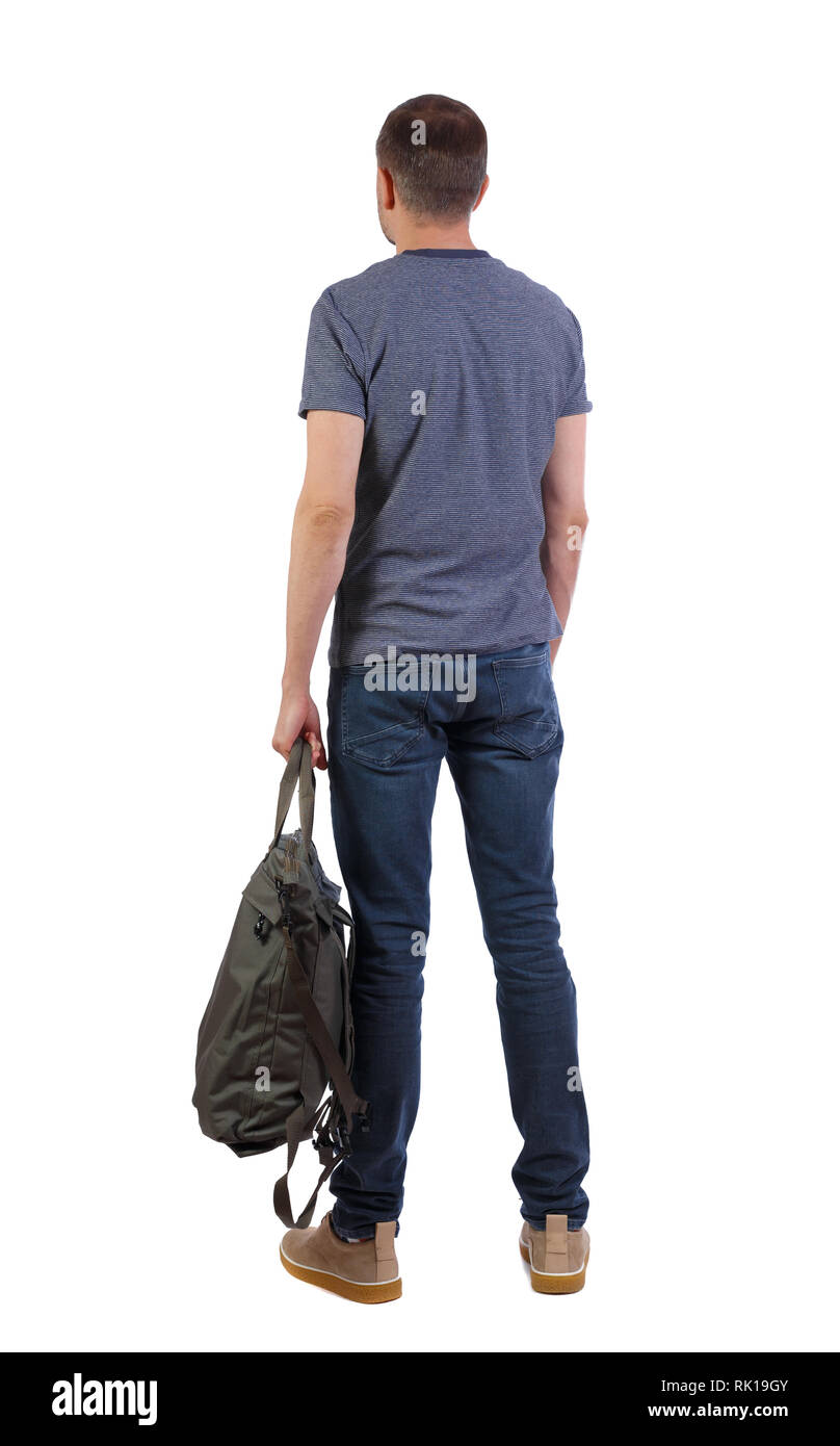 Back view of a man with a green bag. backside view of person. Rear view ...