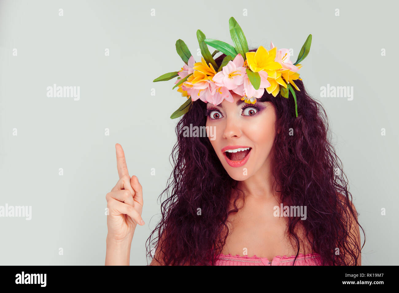 Closeup portrait intelligent excited young woman who just came up with ...