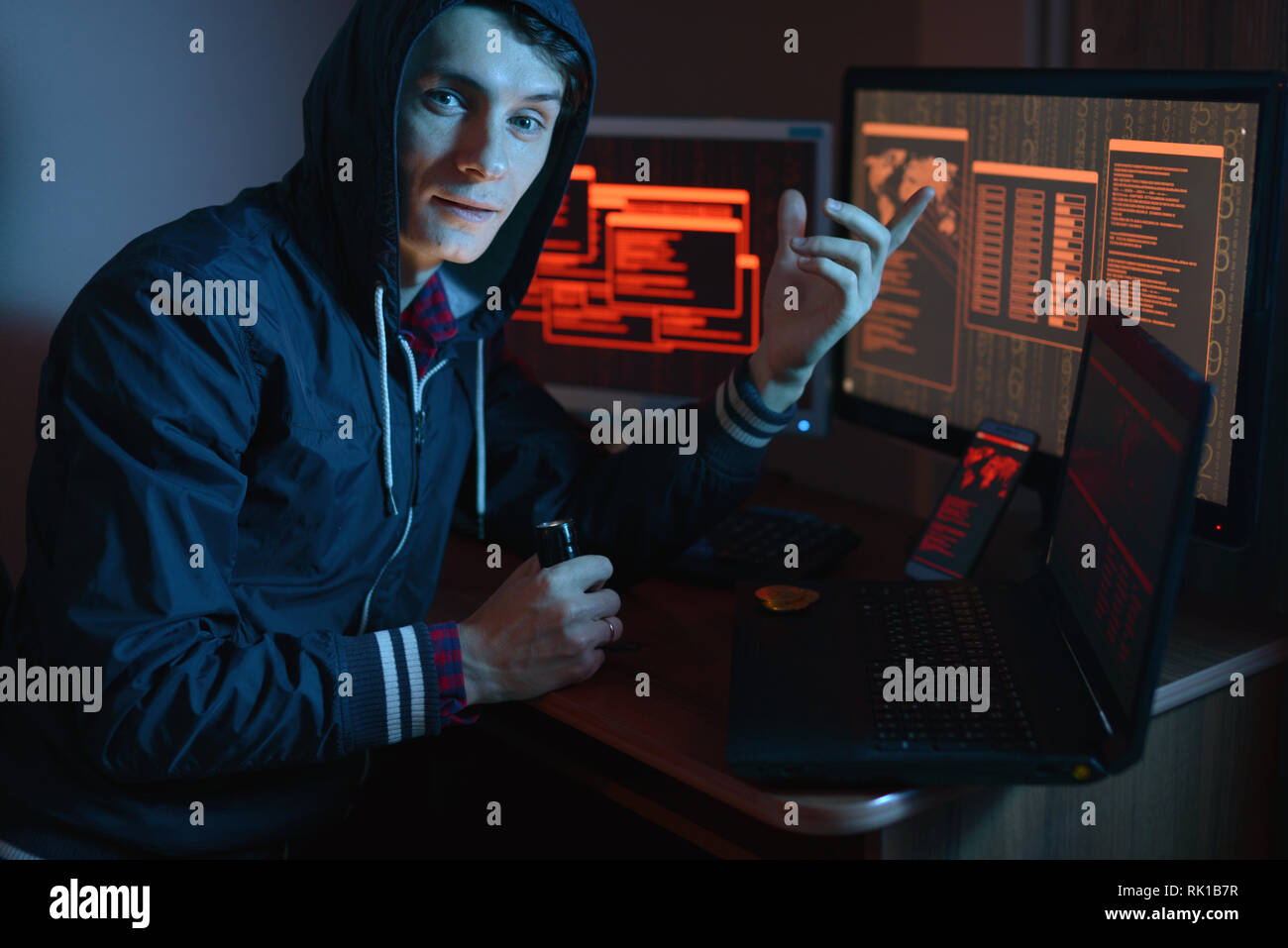 Male In The Hood Looking In The Camera Hacker Attacks And Online Fraud In The Dark On The