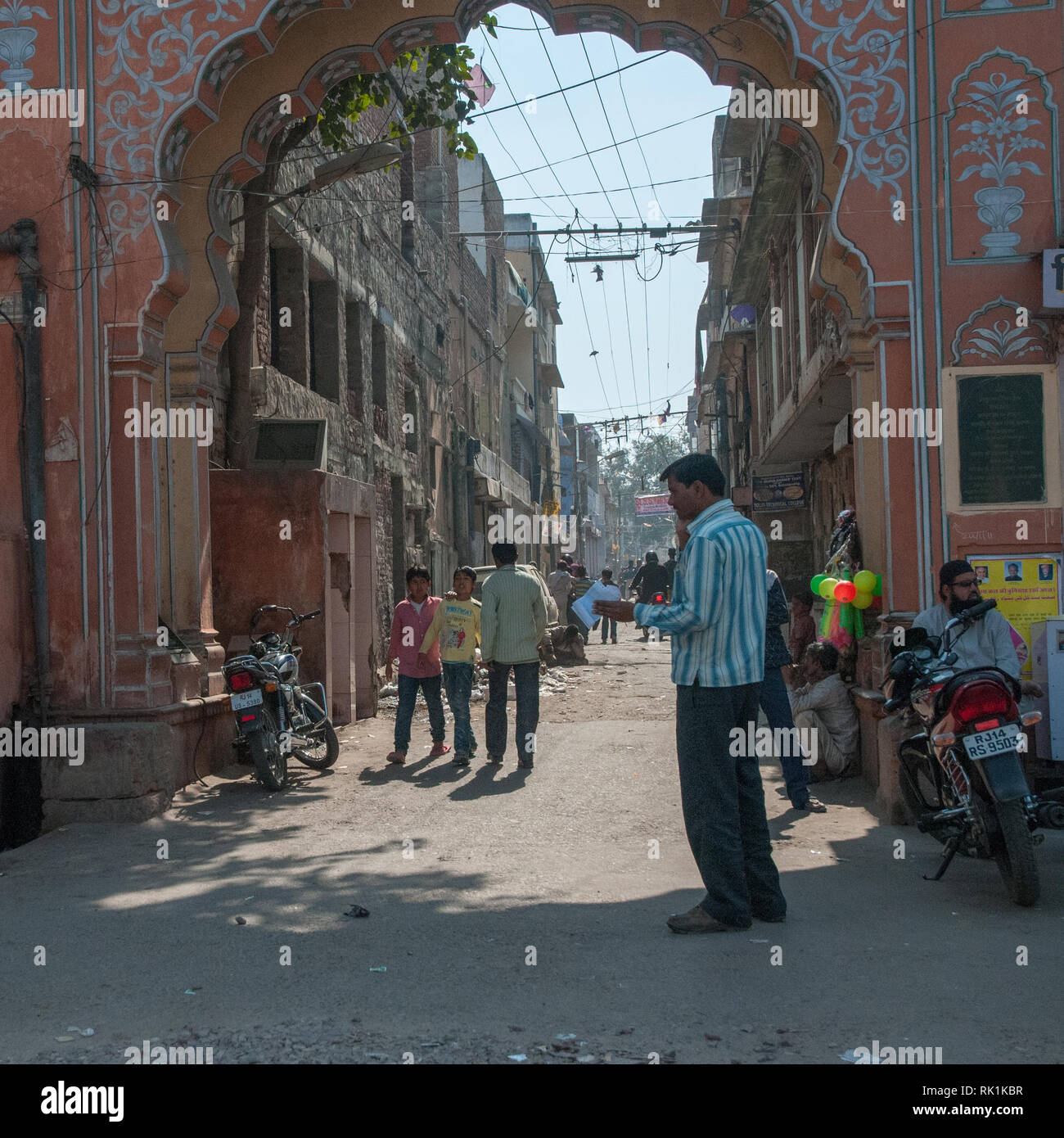 Urban scene from an alley in Jaipur in Rajasthan, India. Jaipur is the ...