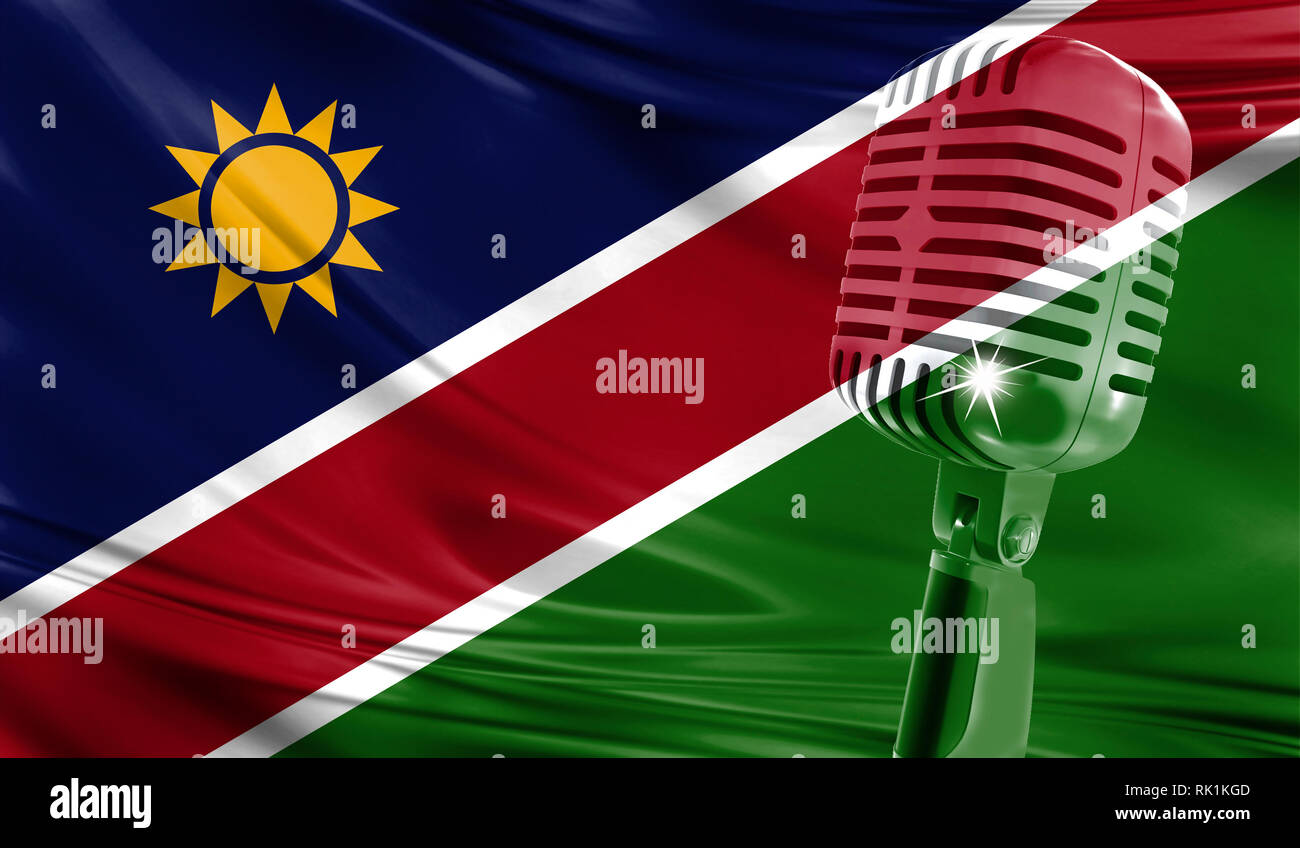 Microphone on fabric background of flag of Namibia close-up Stock Photo ...
