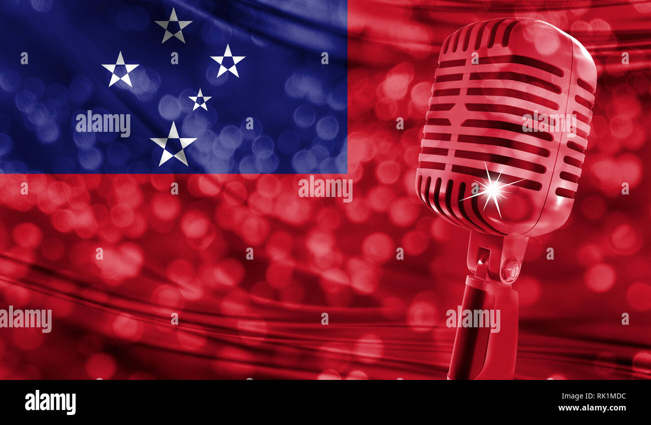 Microphone on a background of a blurry Samoa flag close-up Stock Photo ...