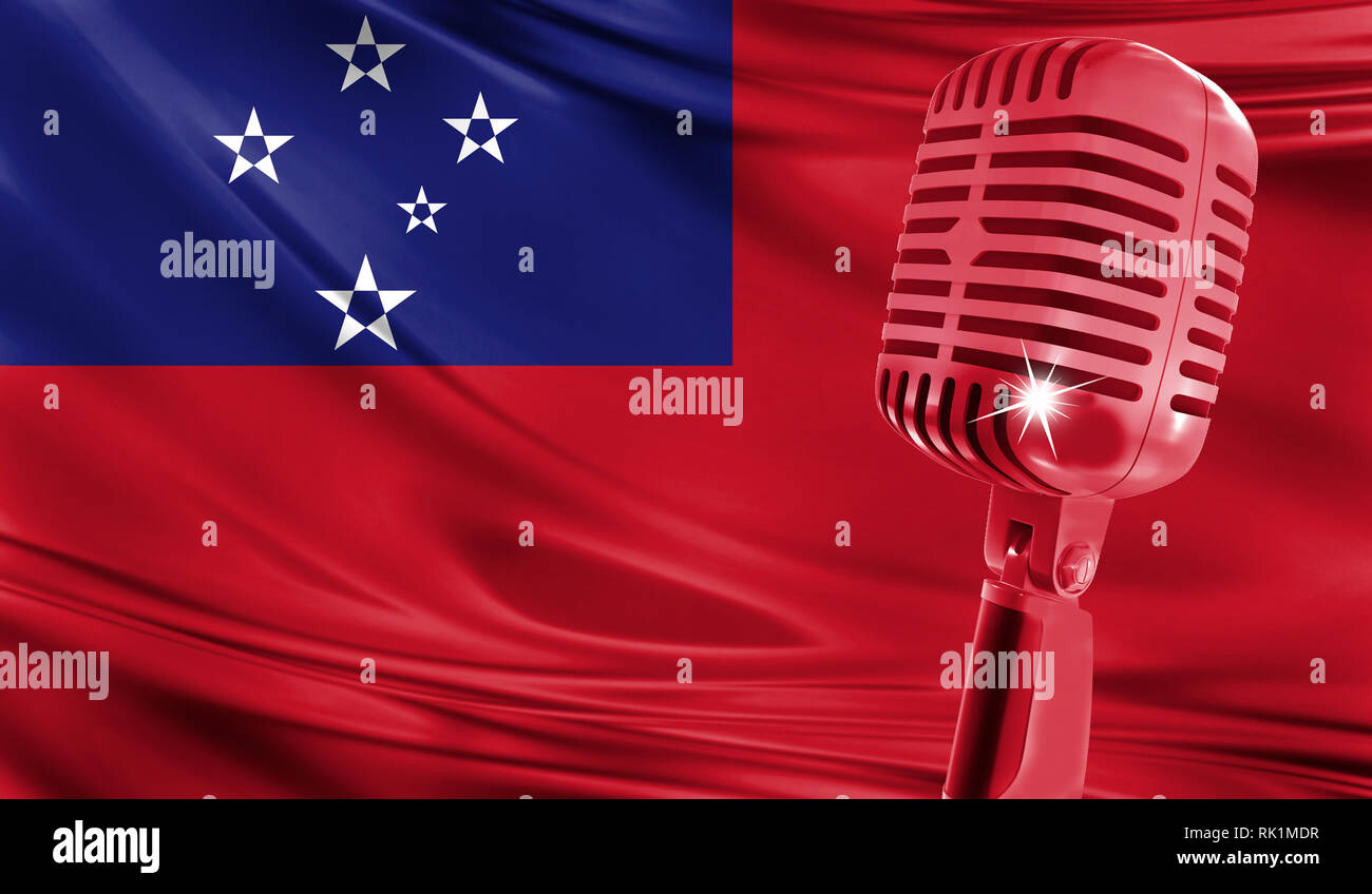 Microphone on fabric background of flag of Samoa close-up Stock Photo ...
