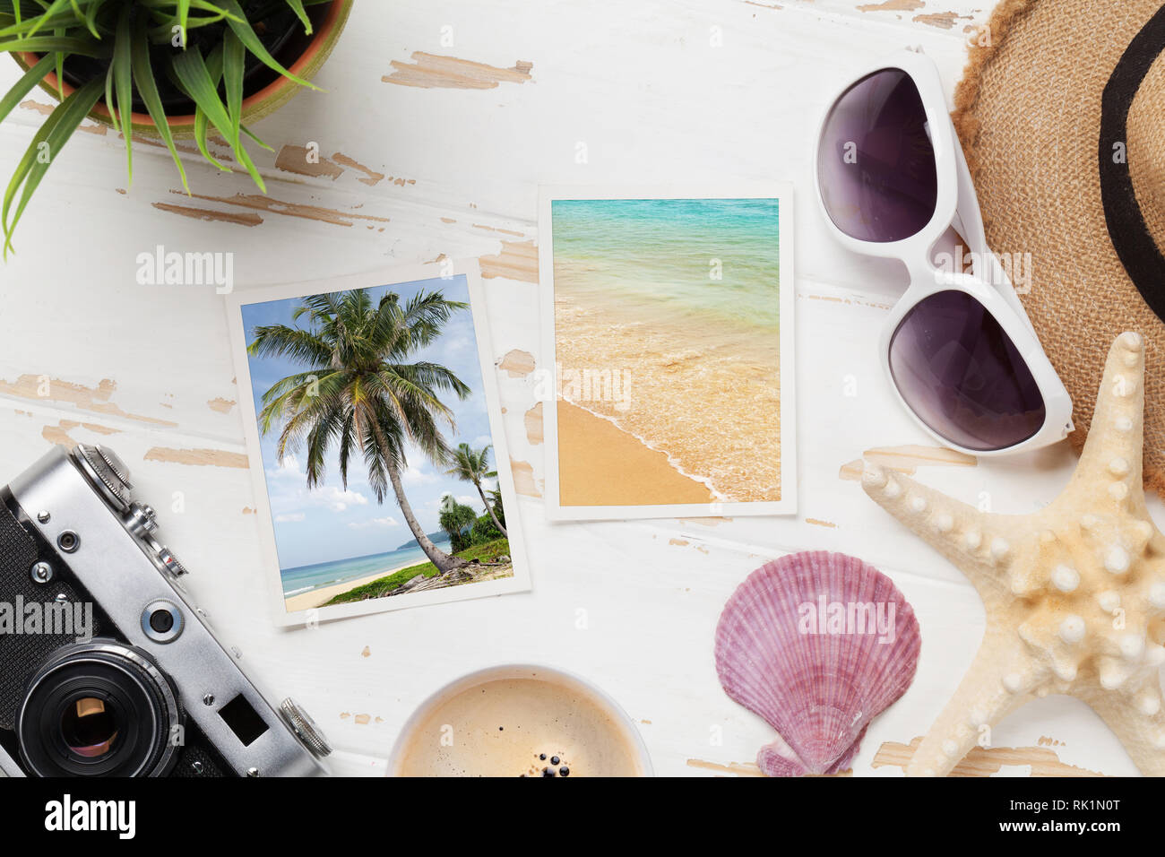 Travel vacation background concept with sun hat, camera, sunglasses and ...