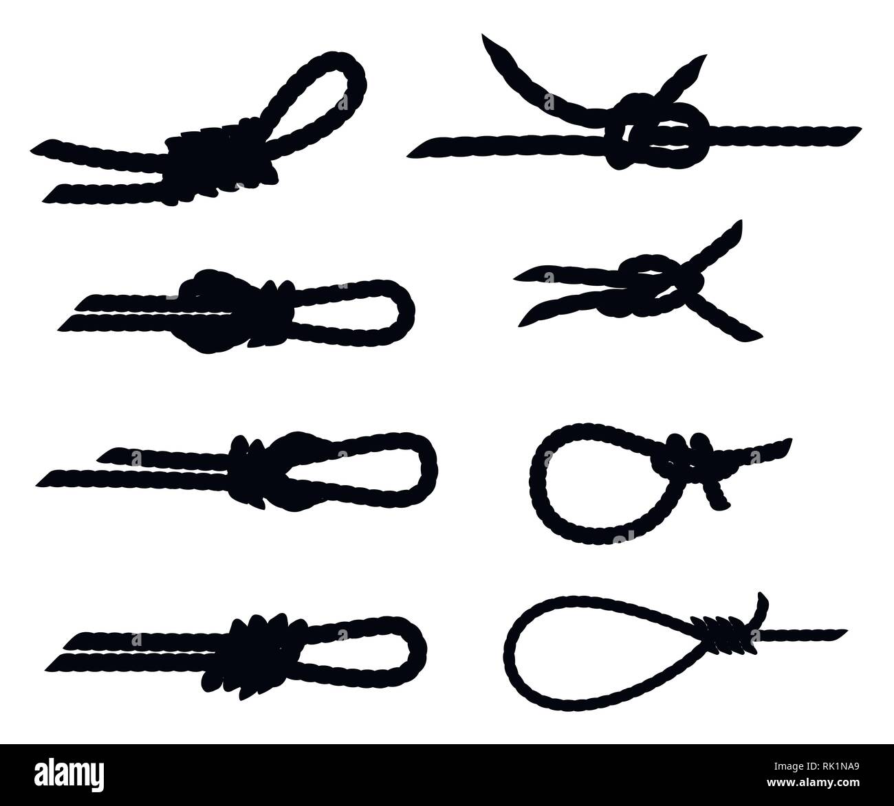 Black silhouette. Set of nautical rope knots. Strong marine rope knots ...