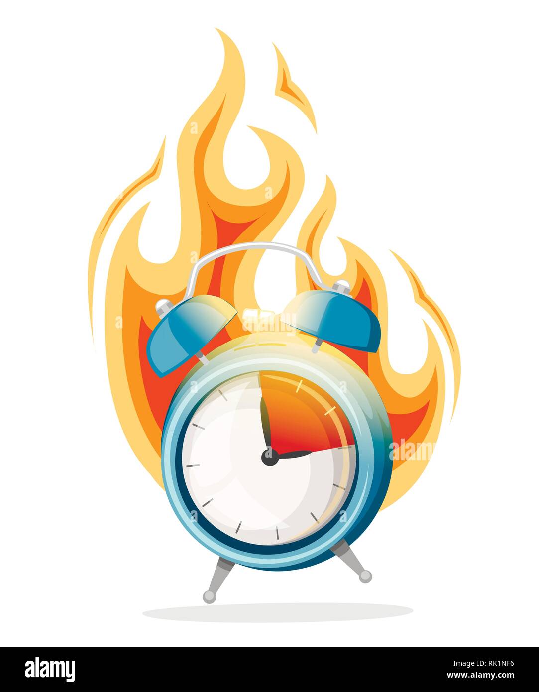 Blue alarm clock in a fire. Burning clock. Deadline concept. Flat ...