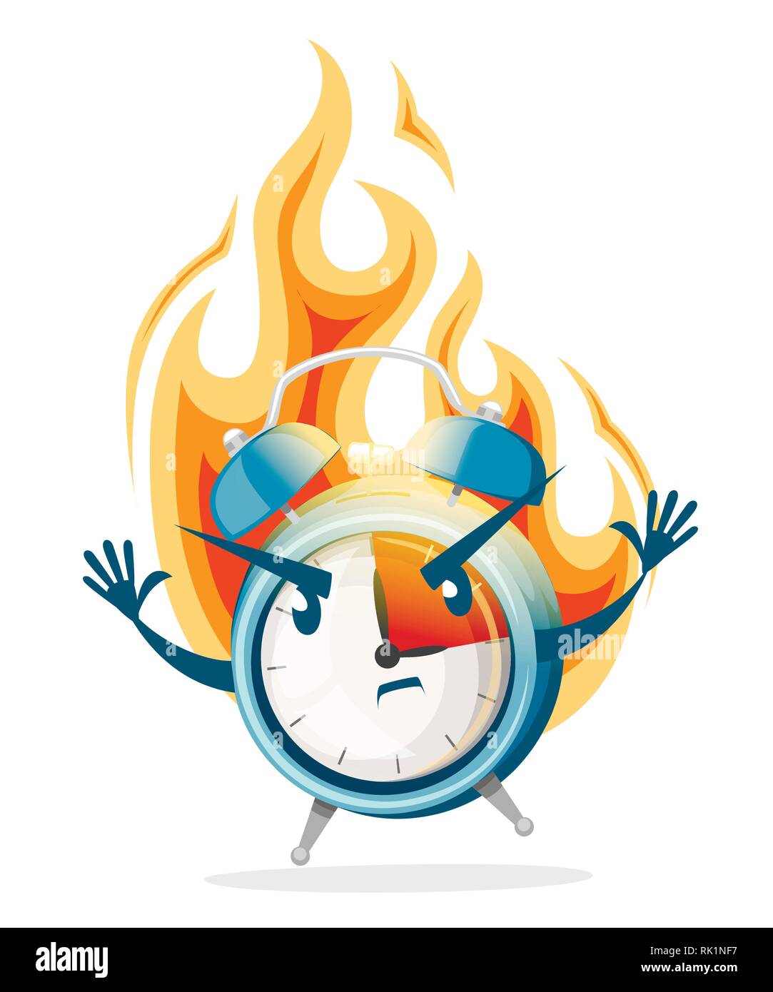 Blue alarm clock in a fire. Burning clock. Deadline concept. Cartoon ...
