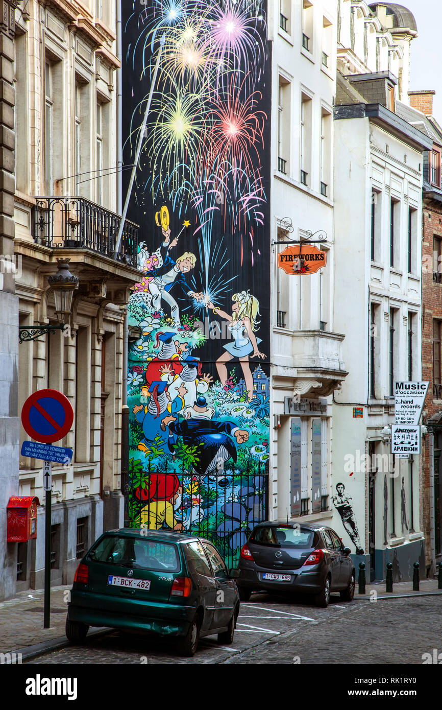 Cartoon painted on a building, Comic Strip Walk, Brussels, Belgium ...