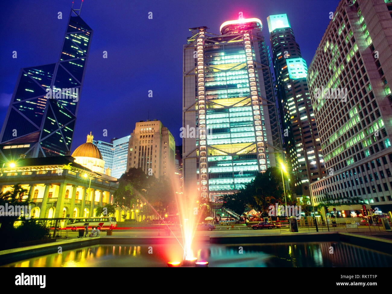 Hong Kong, China; Statue Square, Central District at dusk. Bank of ...
