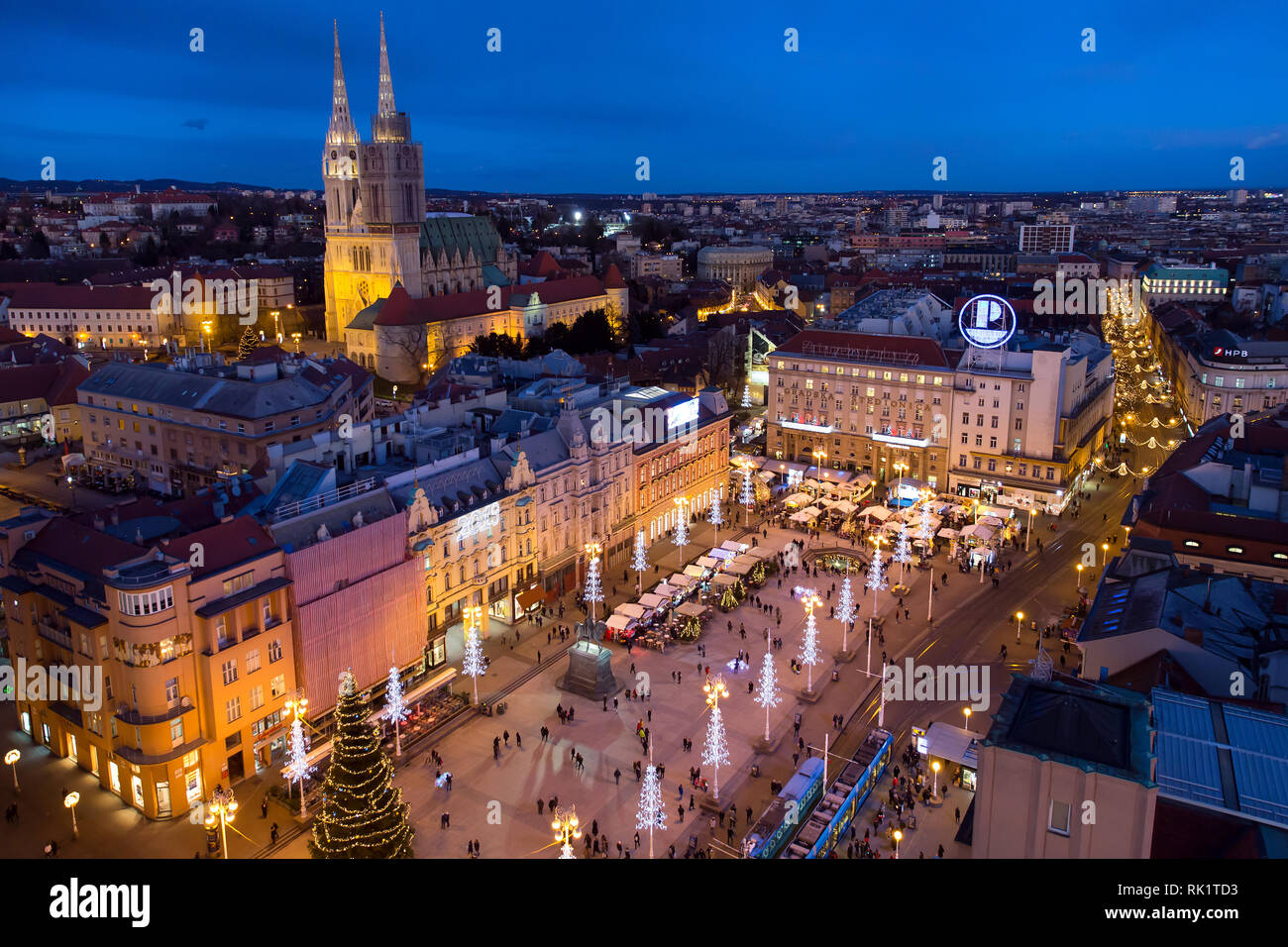 ZAGREB - The city main square with the statue of Ban Josip Jelačić and ...