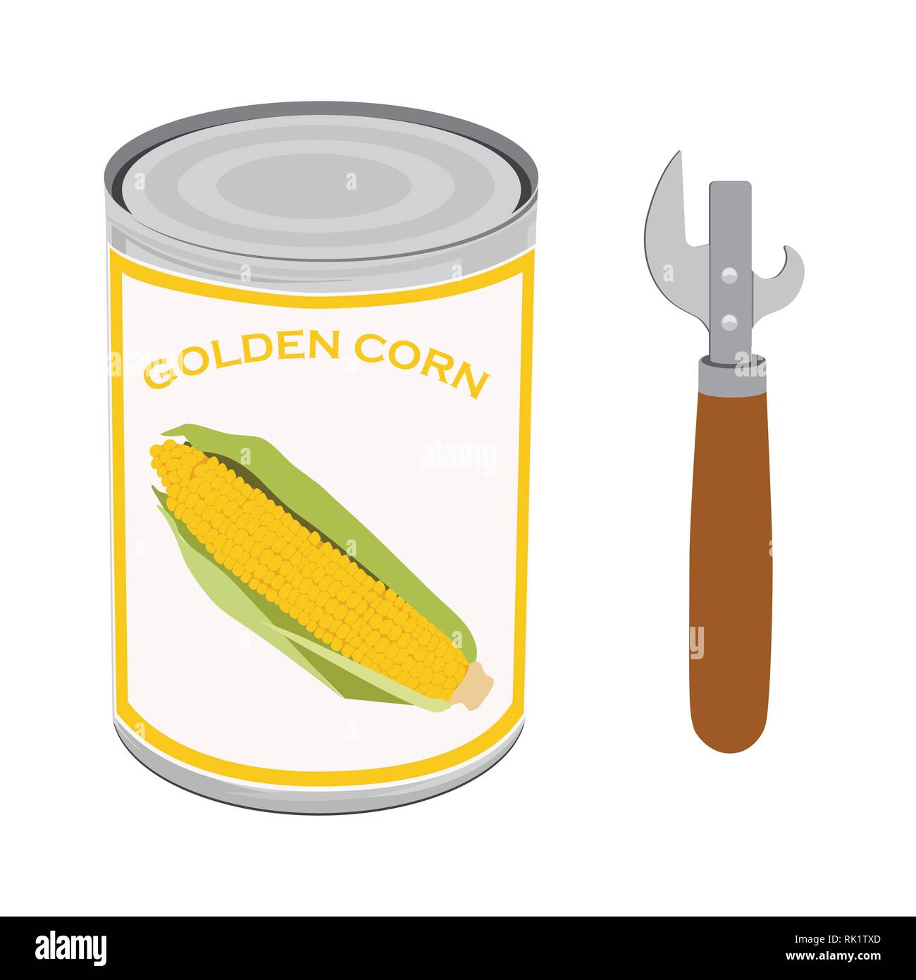 Vector illustration can with golden corn and opener isolated on white ...