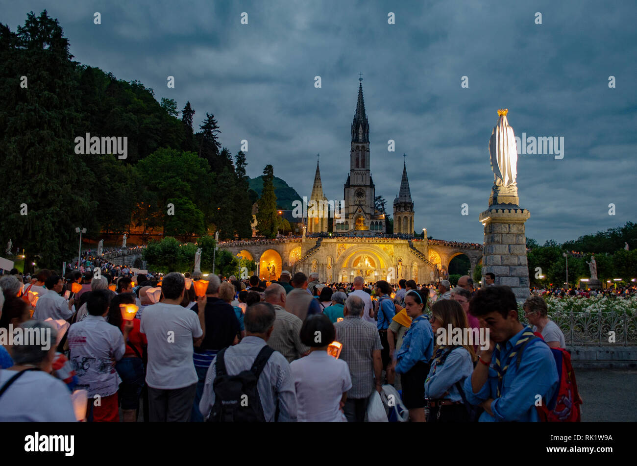 Lourdes, France; August 2013: Pilgrims partaking in La Procession ...