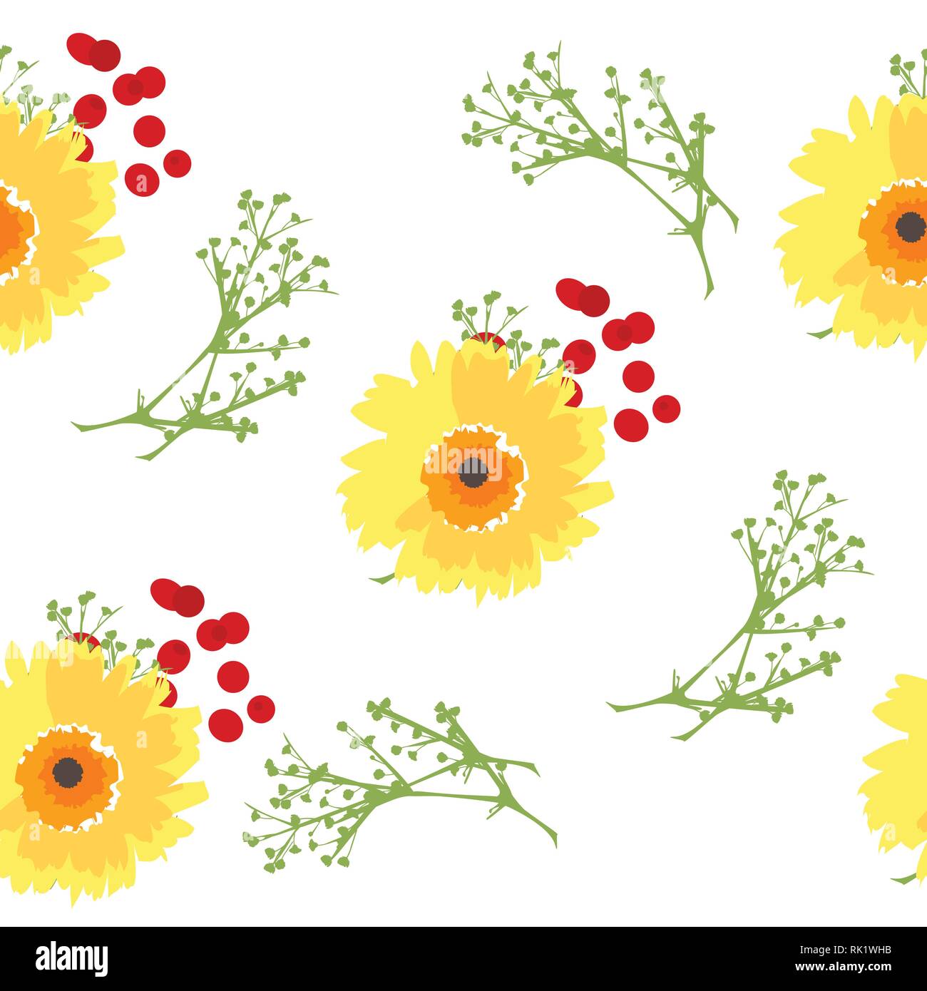Seamless repeat pattern with yellow spring flowers, berries and leaves ...