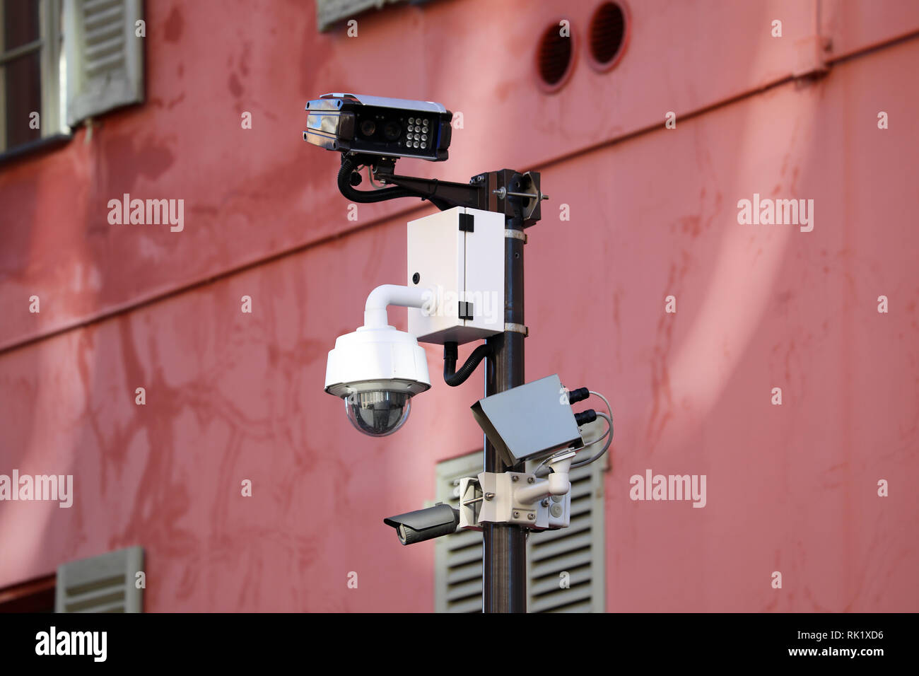 Pole With Different Security Cameras in Nice, France, Europe. Close Up ...