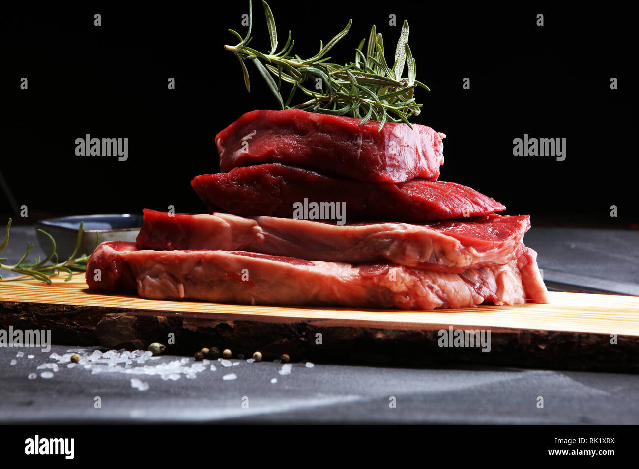 Steak raw. Barbecue Rib Eye Steak, dry Aged Wagyu Entrecote. Variety of ...