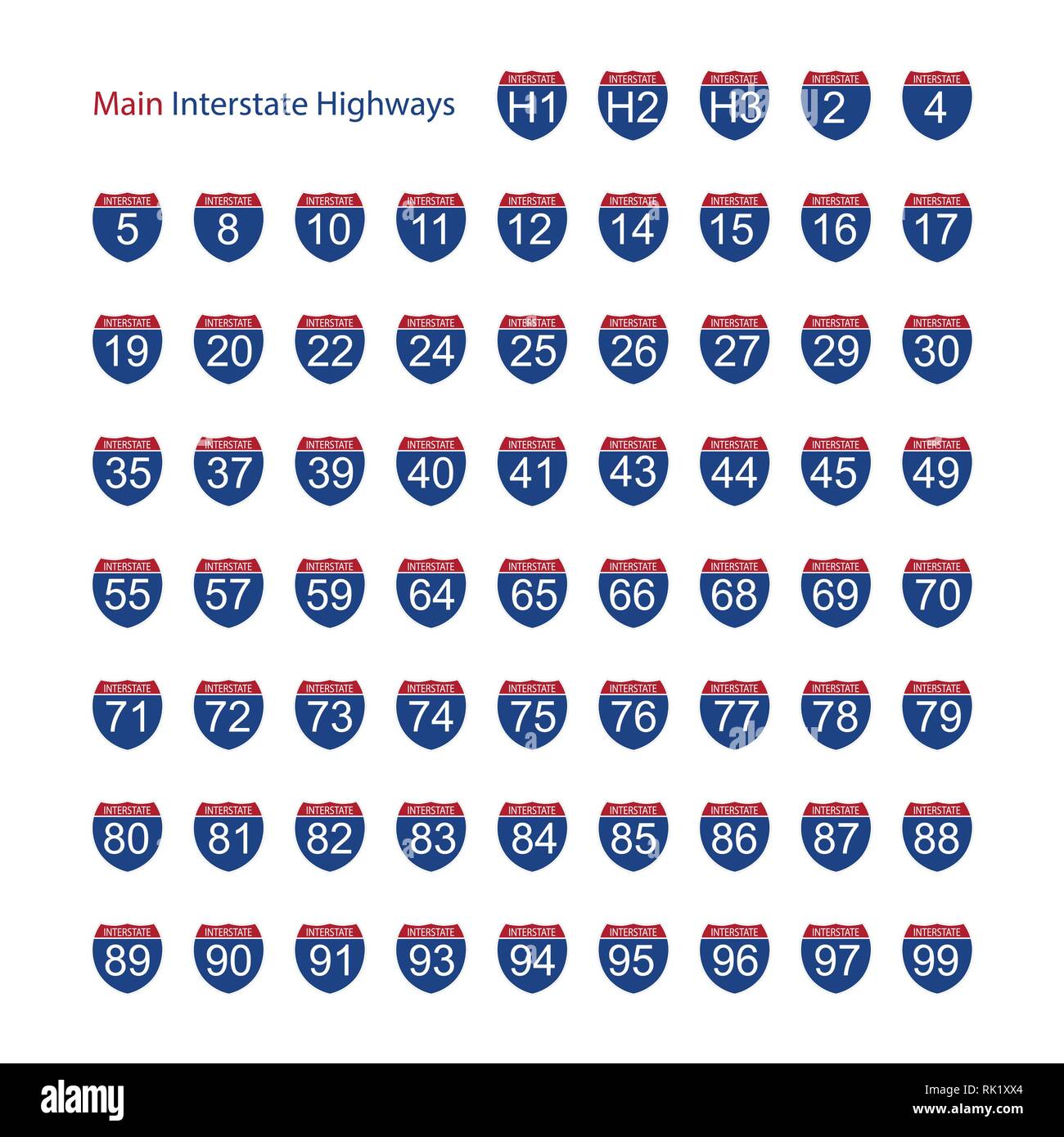 Vector illustration interstate main highway road sign icon set, collection isolated on white ...