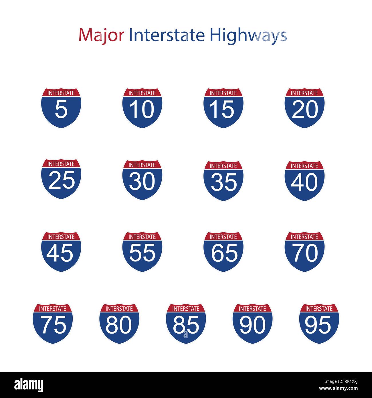 Vector illustration interstate major highway road sign icon set, collection isolated on white ...