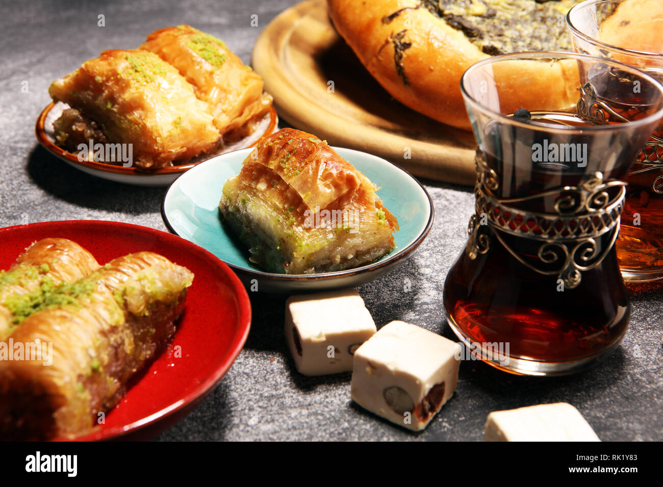 Middle eastern or arabic dishes and assorted meze, concrete rustic ...