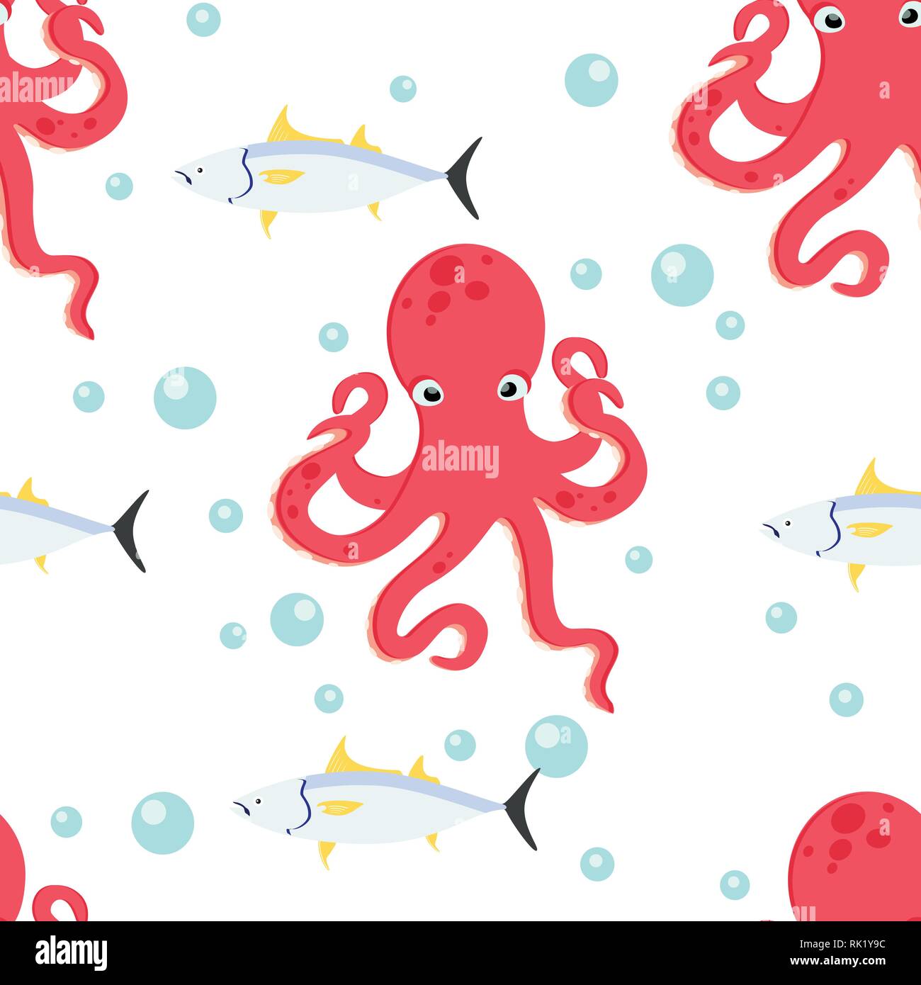 Vector seamless pattern, background with cute octopus and fish Stock ...
